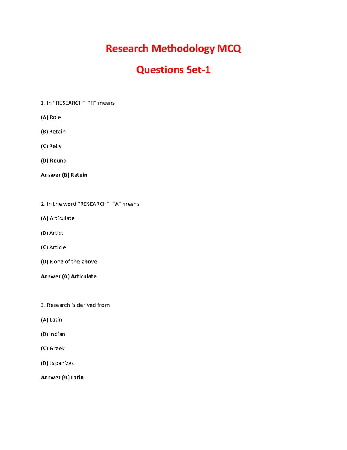 Research Methodology MCQ Questions Set-1 for UGC NET Preparation - Studocu
