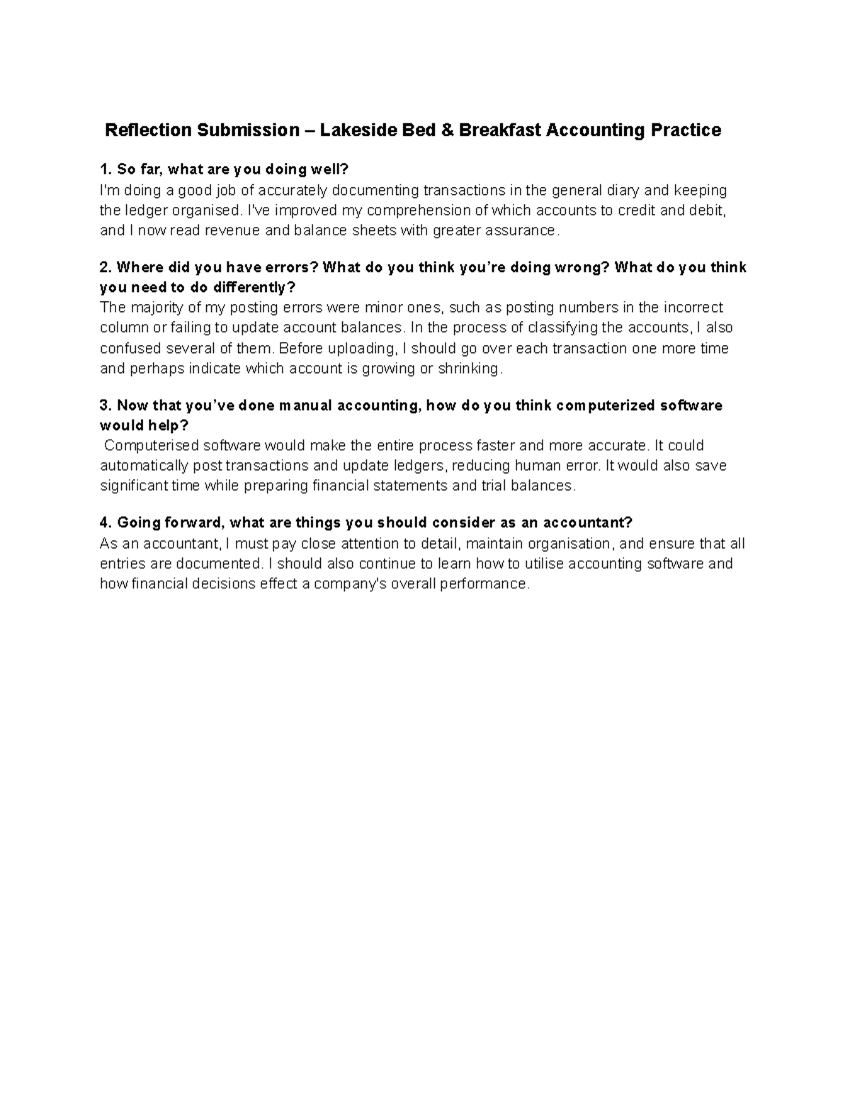 Reflection Submission: Accounting Practice 1 - Lakeside B&B Insights ...