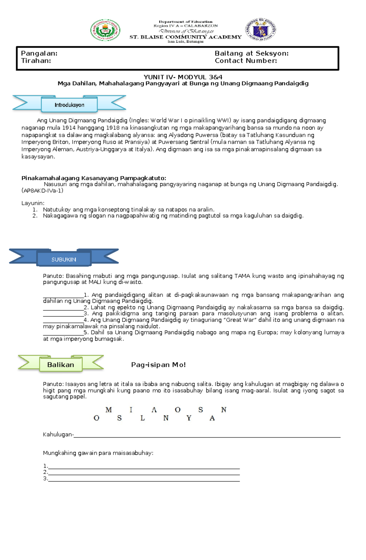 Ap grade 8 module 1 4th quarter - ARALING PANLIPUNAN 8 YUNIT IV- MODYUL ...