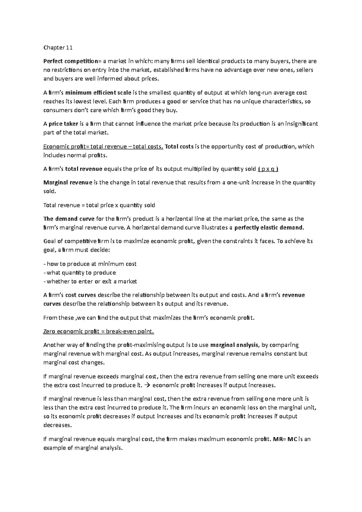 Summary of Chapter 11 - Perfect Competition (ECO) - Studeersnel