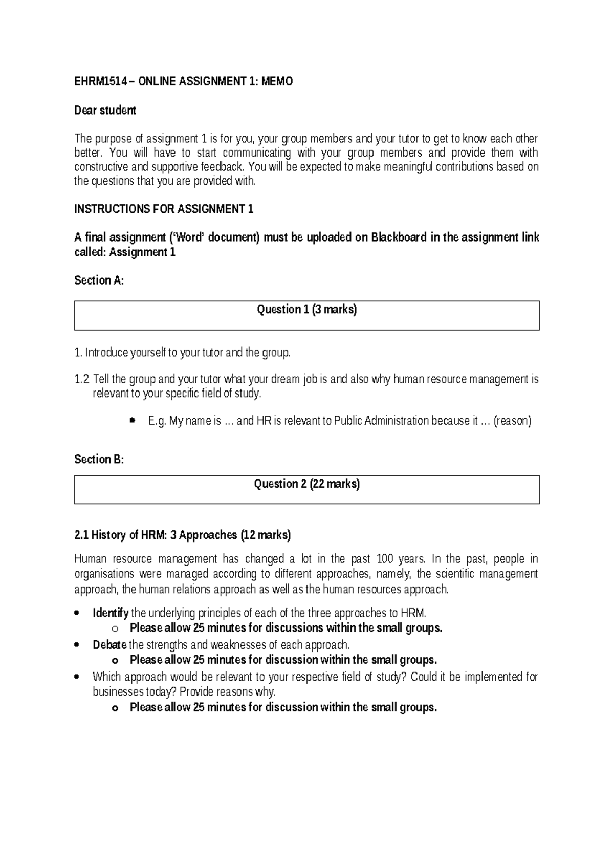 EHRM1514 Online Assignment 1: Introductory Memo and HRM Overview - Studocu