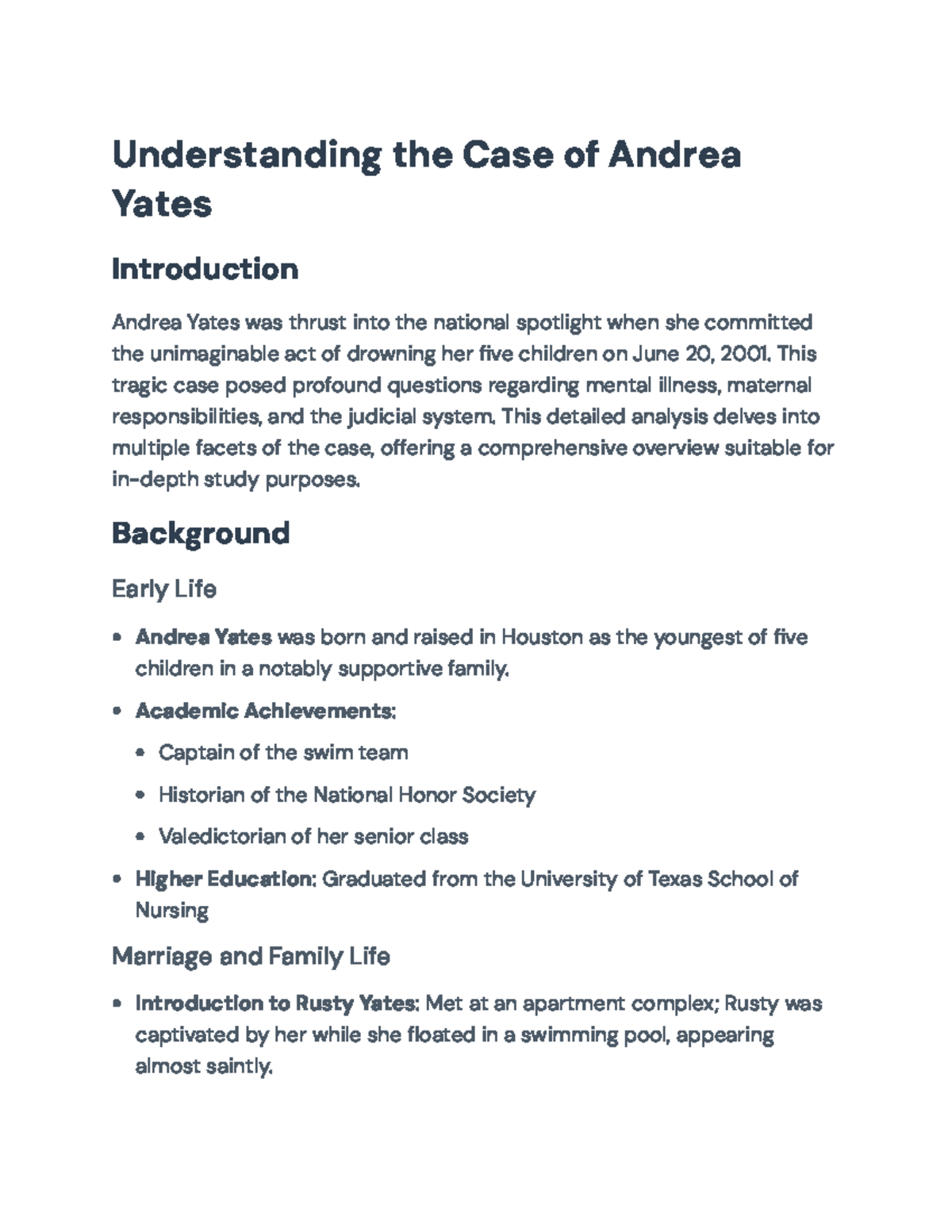 Analysis of the Andrea Yates Case: Mental Health & Justice Issues - Studocu