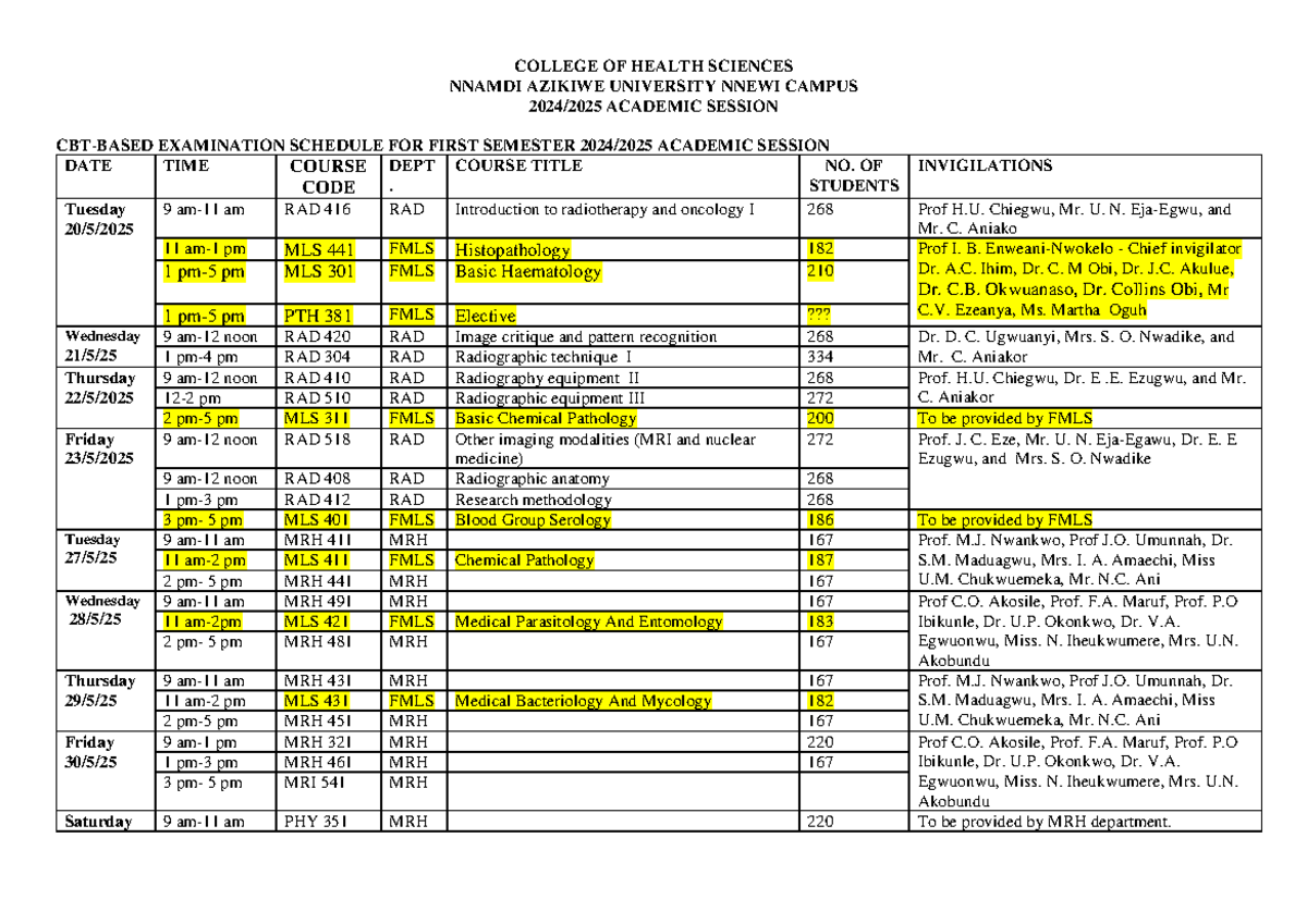 CHS RAD & FMLS First Semester Exam Schedule 2023-2024 - Studocu