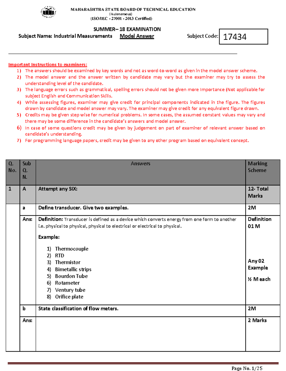 22420 Industrial Measurements Summer 2018 Model Answer Paper - Studocu