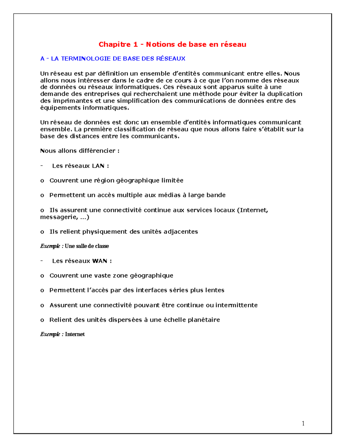 Réseau Lan - Chapitre 1 - Notions de base en réseau A - LA TERMINOLOGIE DE BASE DES RÉSEAUX Un ...