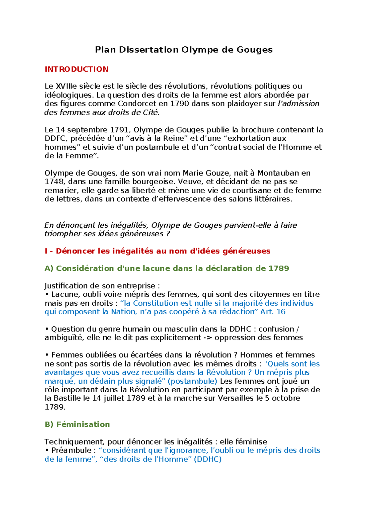 DDF - Plan Dissertation sur Olympe de Gouges et les Droits des Femmes ...