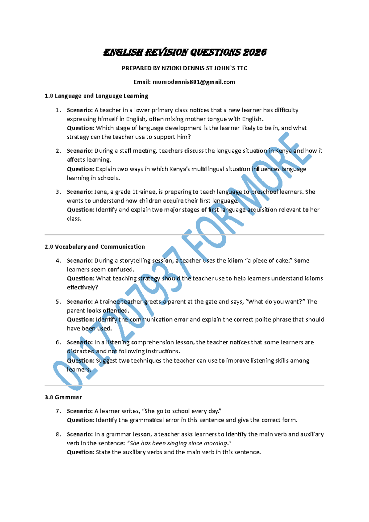 Summative Revision Questions for English 2026: Language Learning ...