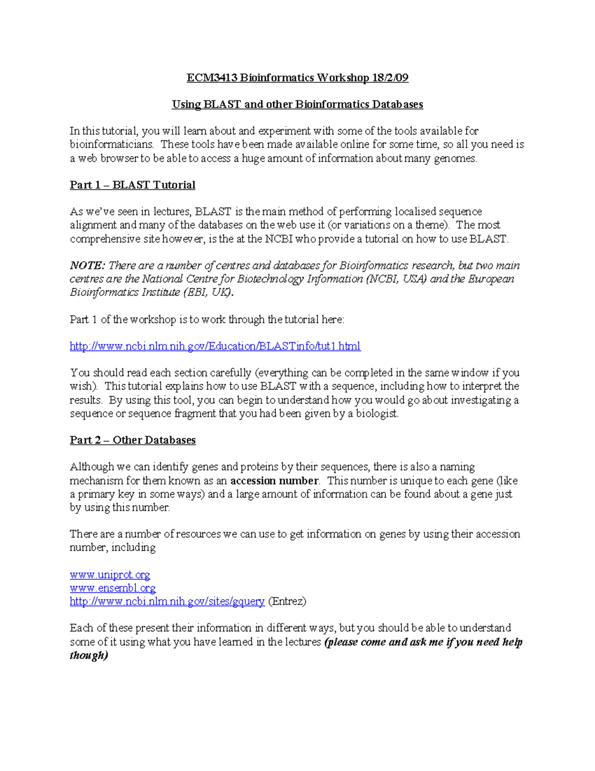 ECM3413 Bioinformatics Workshop: BLAST & Databases Guide - Studocu