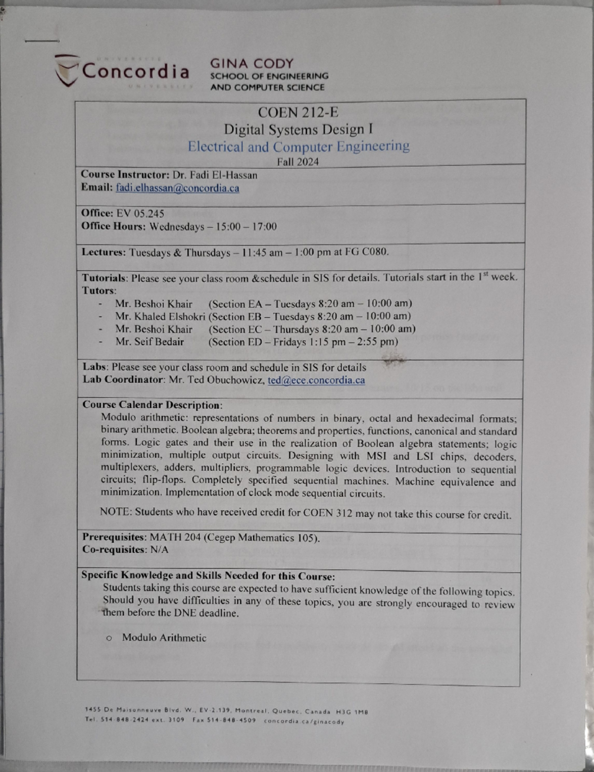 COEN 212 Digital Systems Design I Course Outline - Fall 2024 - Studocu