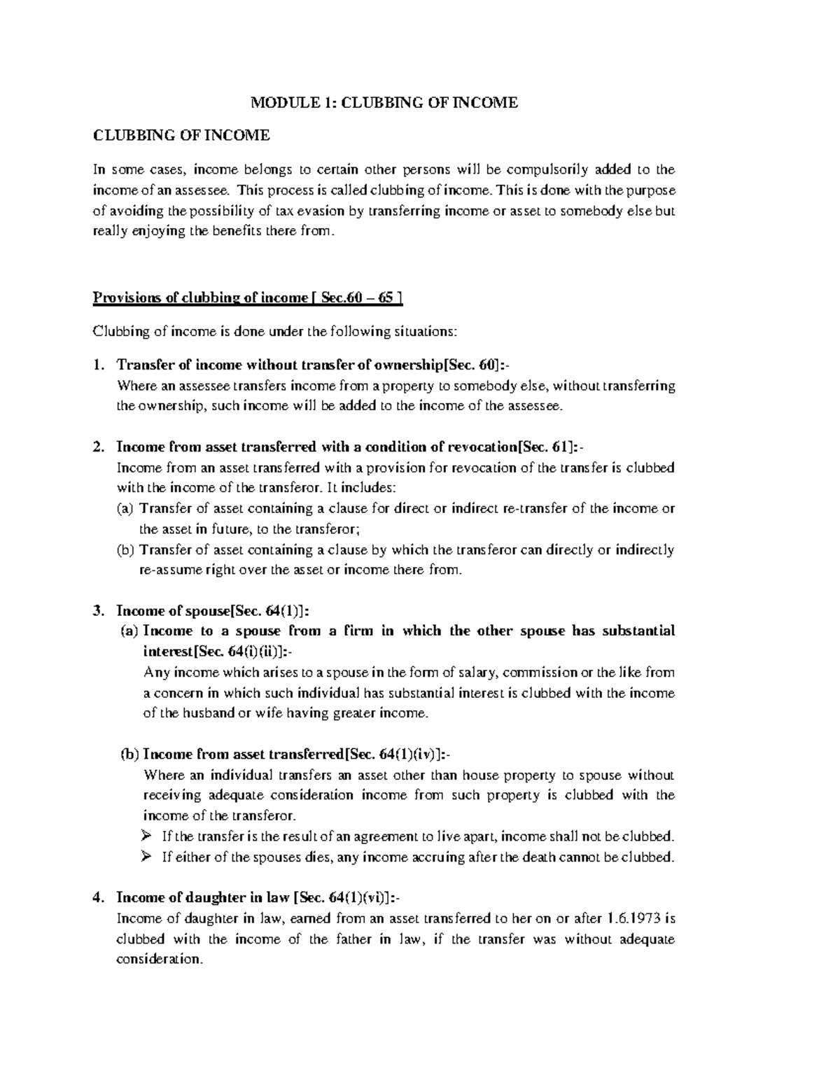 TAX - Module 1 - Short notes - MODULE 1: CLUBBING OF INCOME CLUBBING OF ...