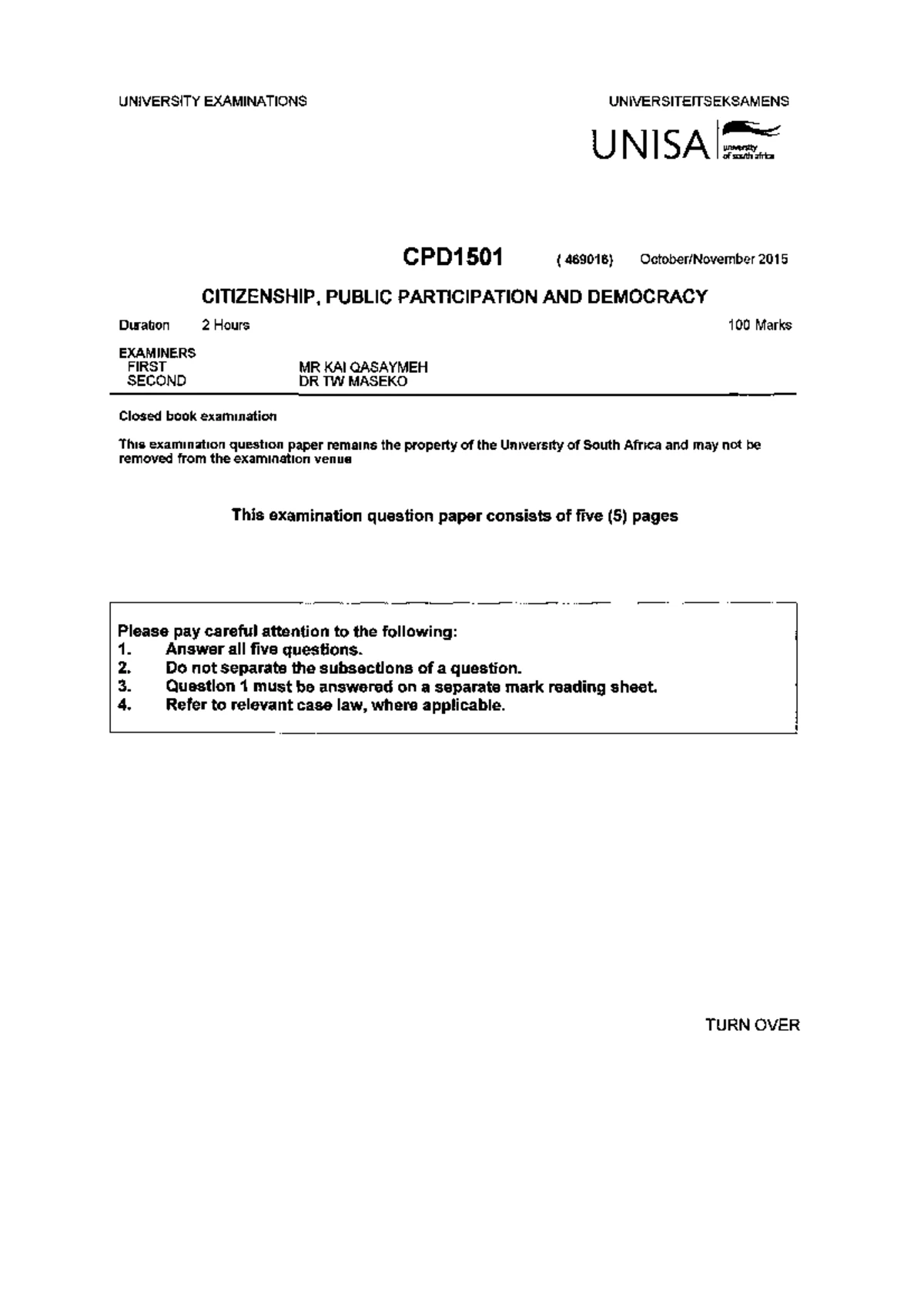 CPD1501 2016 10 E 1 exam - CPD1501 - Unisa - Studocu