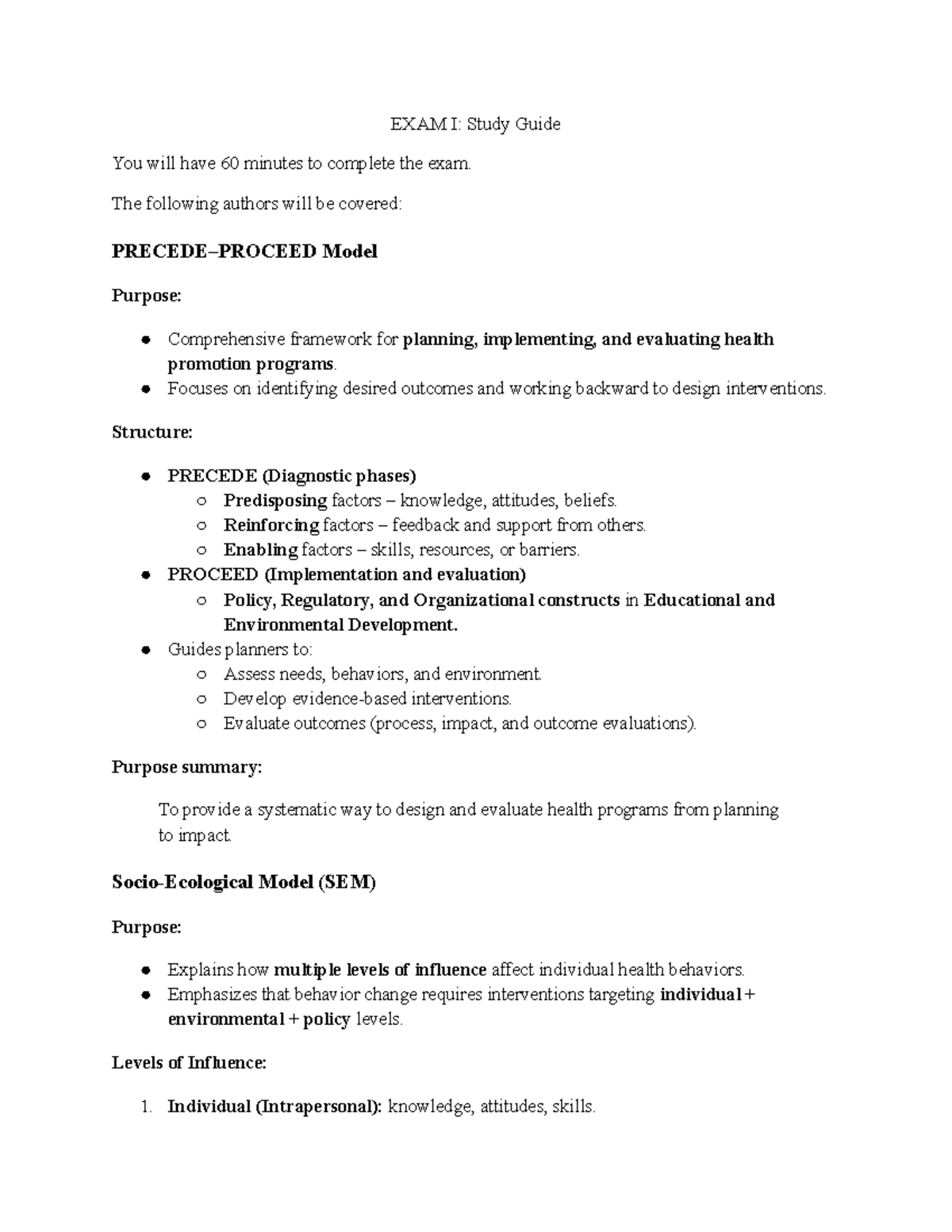 Principles of Health Promotion Study Guide: Exam I - Studocu