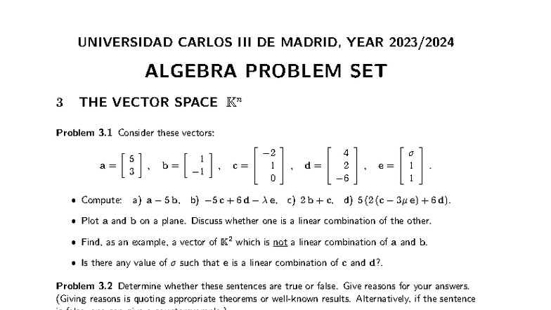 Algebra Problem Set 3: Vector Spaces and Linear Combinations (Year) - Studocu