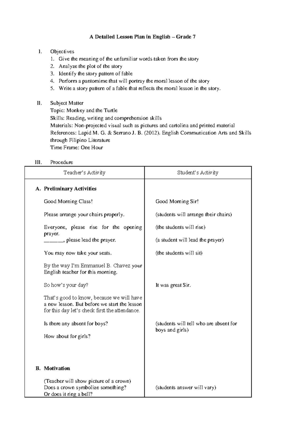 Grade 7 English Lesson Plan: Storytelling & Fables Activities - Studocu