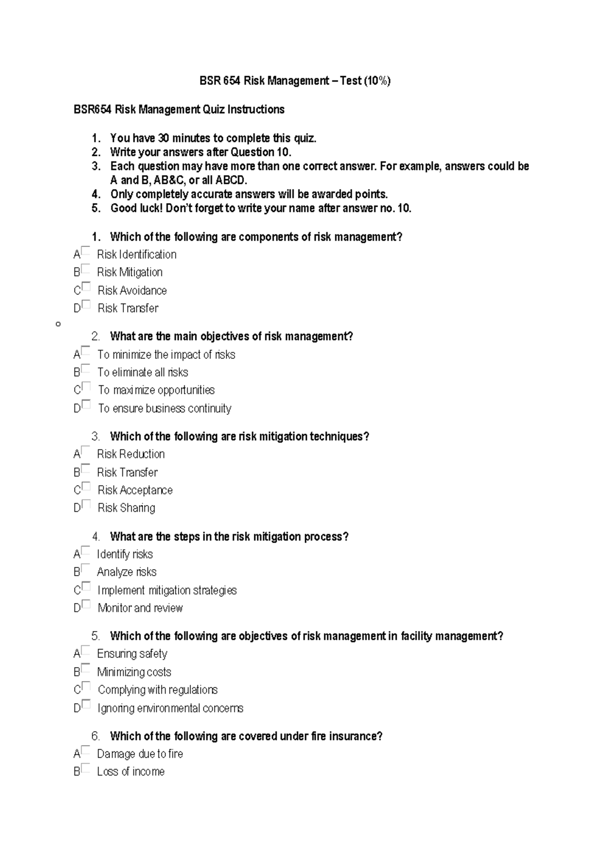 BSR 654 Risk Management – Quiz Instructions and Questions - Studocu