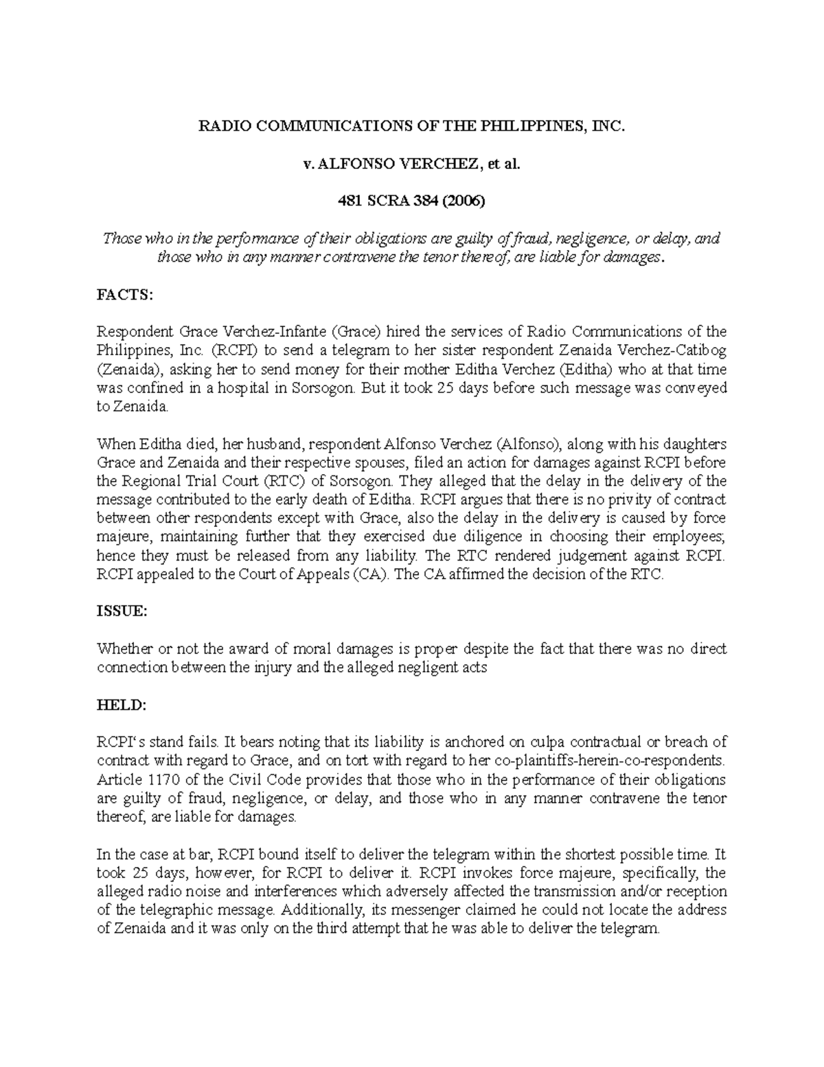 Case Digest: RCPI vs. Verchez - Liability for Delayed Telegram Delivery ...