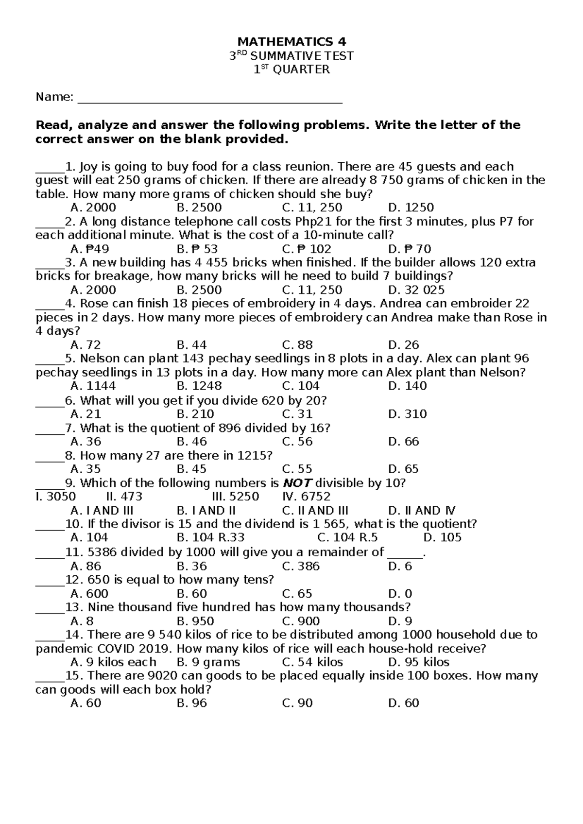 MATH 4 ST3 Q1 - Summative Test Practice Problems - Studocu
