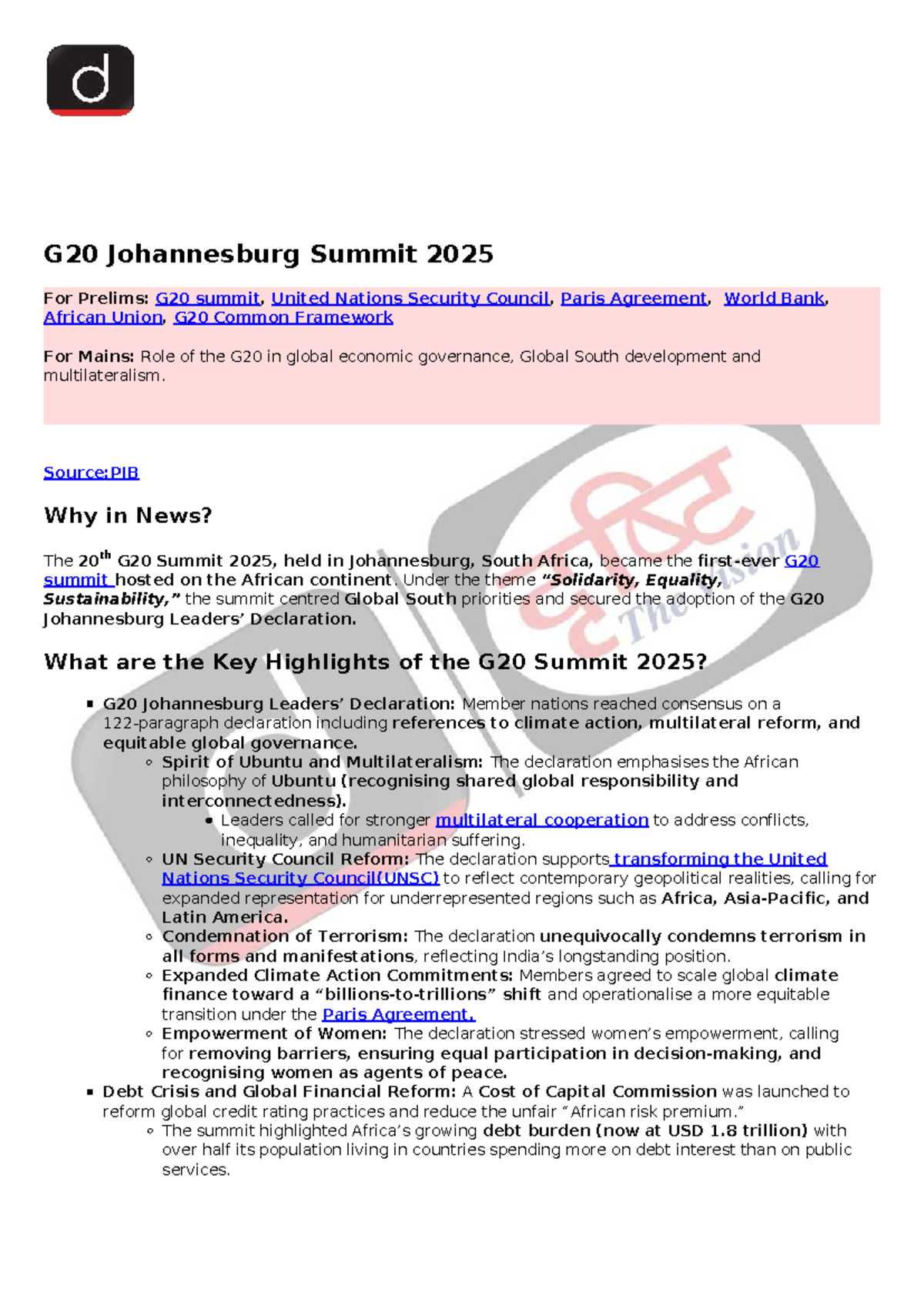 G20 Johannesburg Summit 2025: Key Highlights & Global South Focus - Studocu