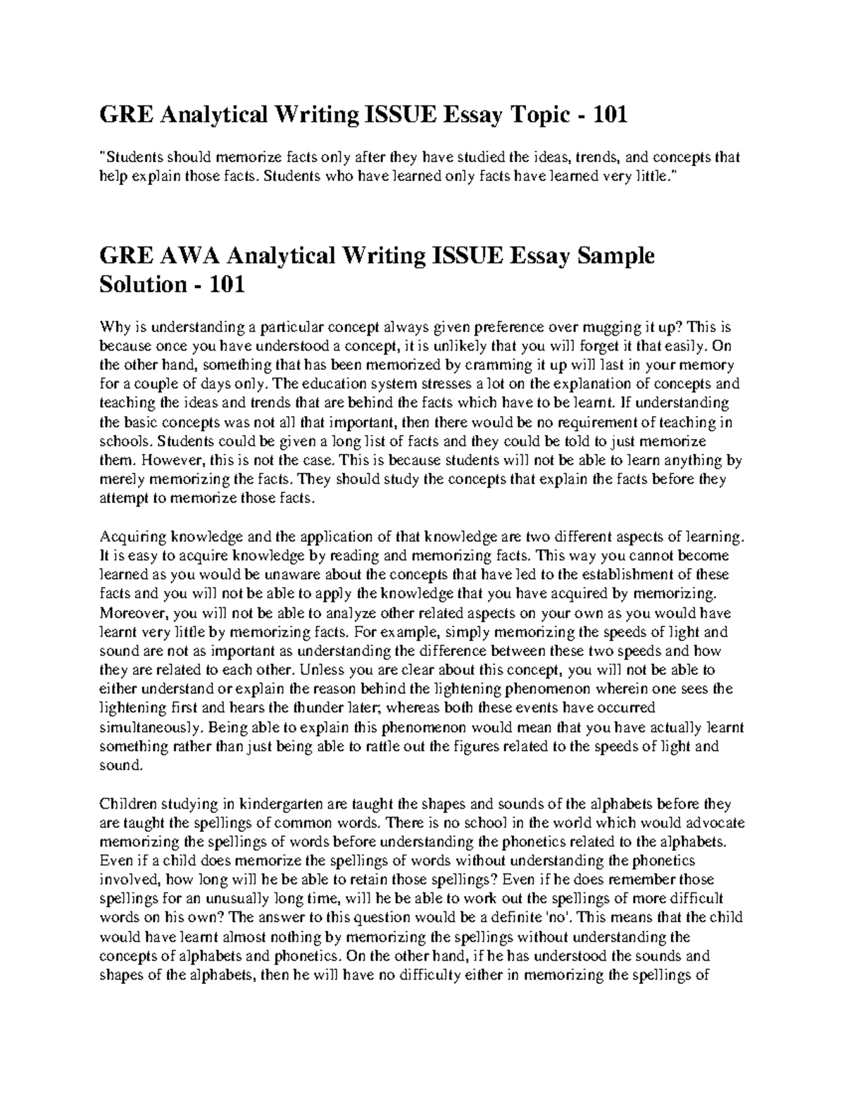 GRE AWA Analytical Writing ISSUE Essay Sample Solutions 101-110 - Studocu