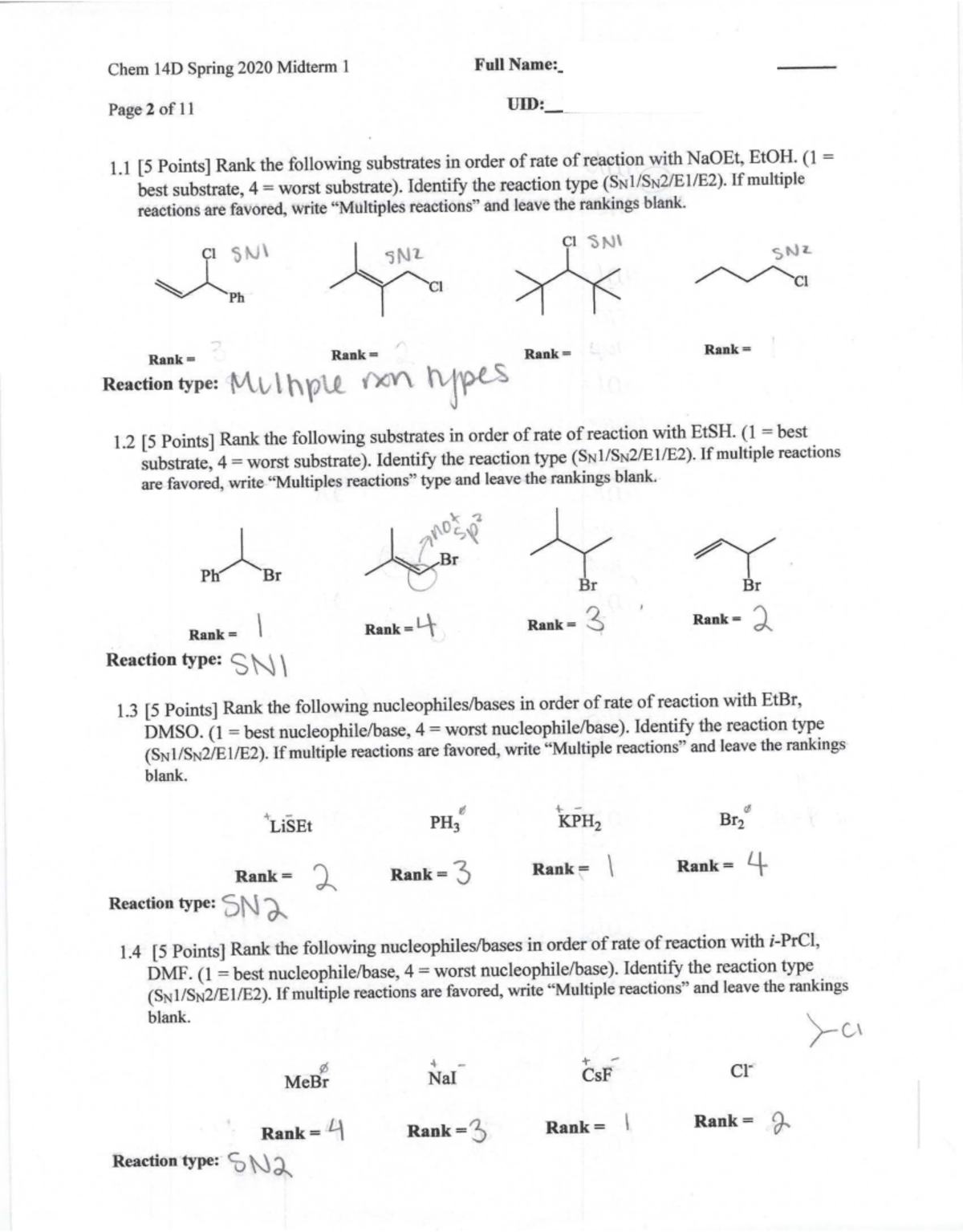 Chem 14D Spring 2020 Midterm 1 Practice Test Worksheet - Studocu