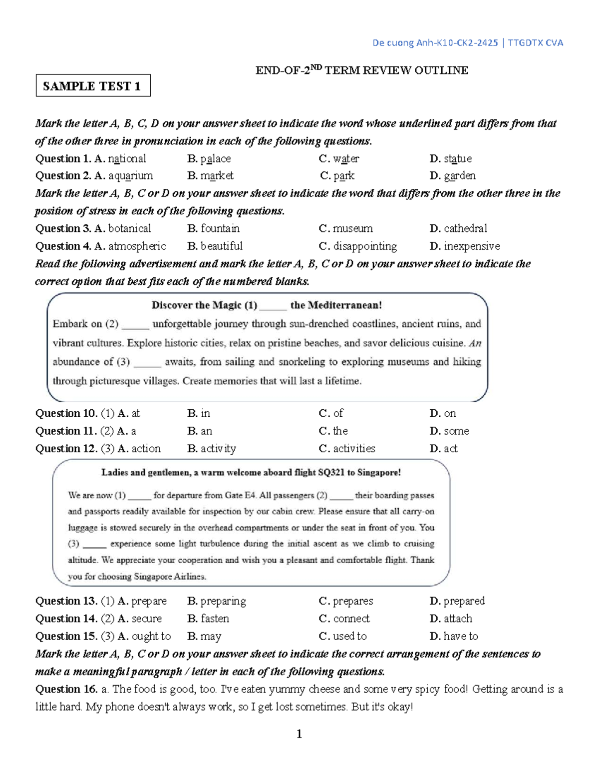 FG10-HK2 - Grade 10 Sample Test Review and Practice Questions - Studocu