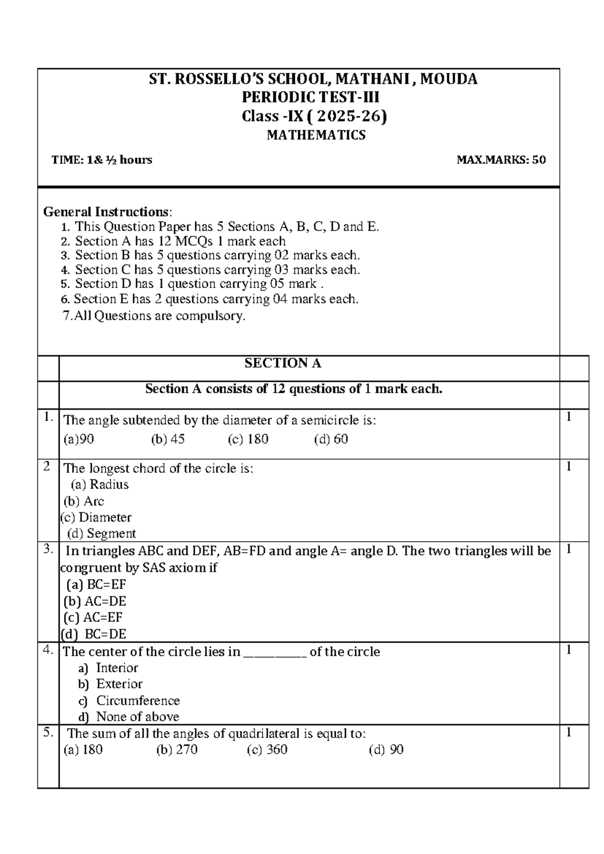 PT-III (2025-26) Mathematics Class IX Periodic Exam Paper - Studocu