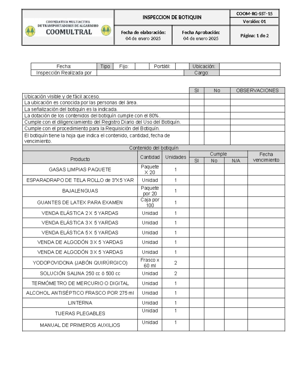 FO-SST-15 Inspección de Botiquín - Registro y Contenido 2025 - Studocu