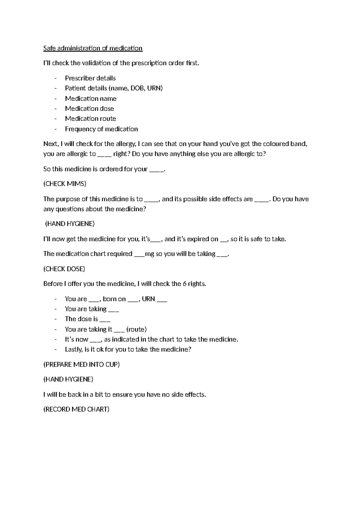OSCE Script: Safe Medication Administration Techniques - Studocu