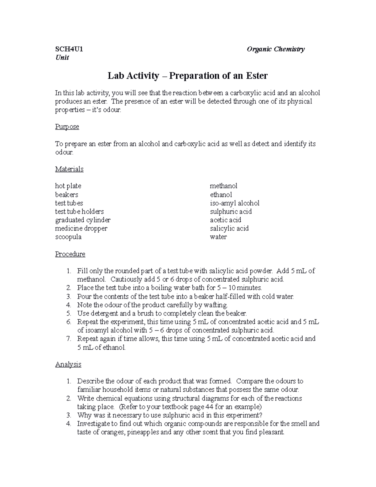SCH4U1 Ester Synthesis Lab: Preparation & Odour Analysis - Studocu