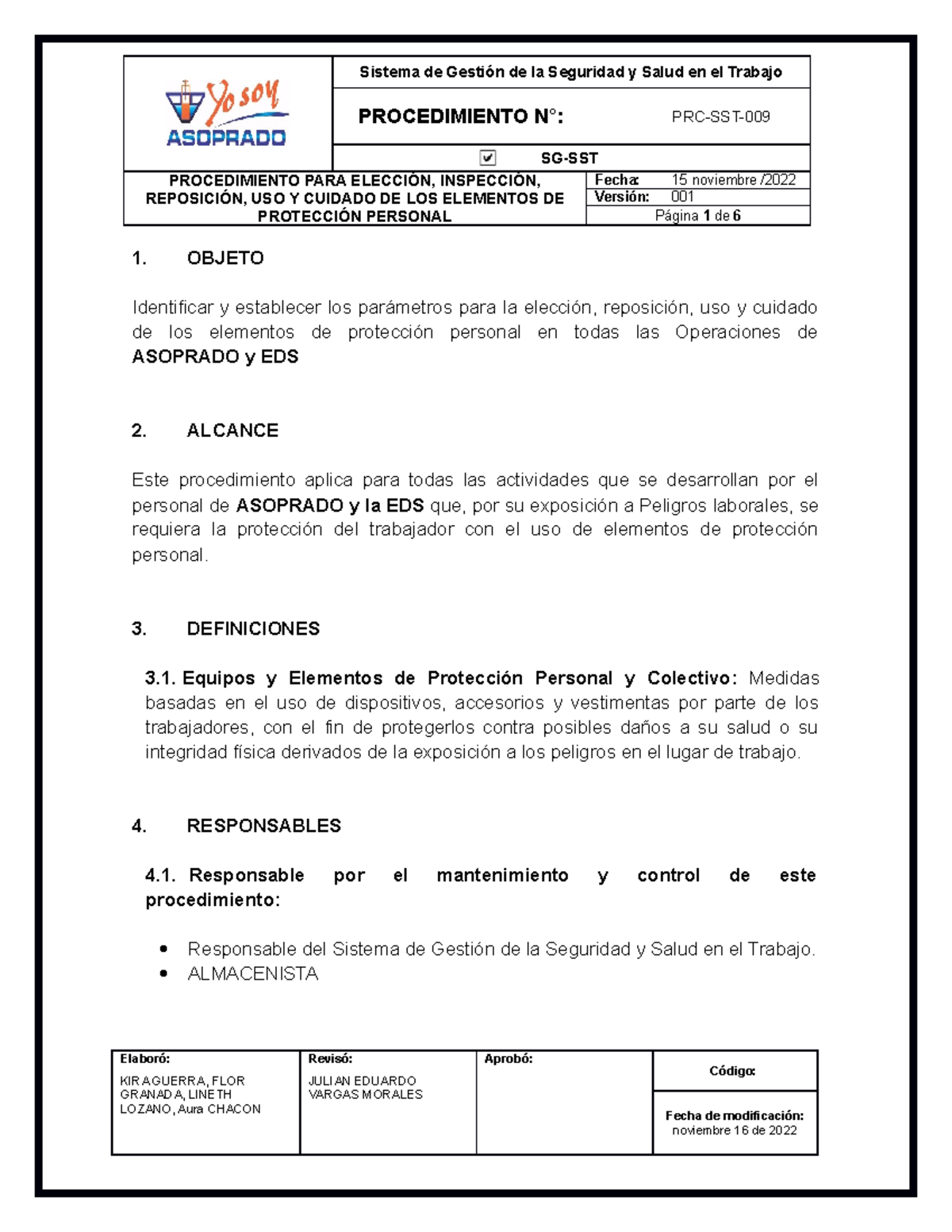 Procedimiento para la Elección, Inspección, Reposición, Uso y Cuidado de los EPP - PROCEDIMIENTO ...