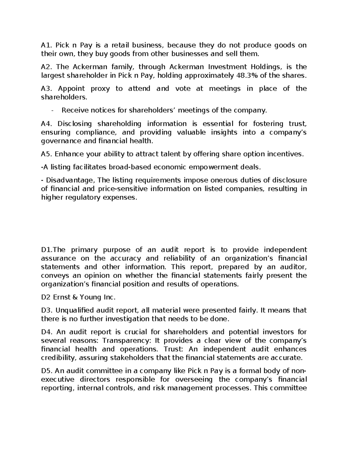 Corporate Governance & Audit Insights: Pick n Pay Case Study (A1) - Studocu