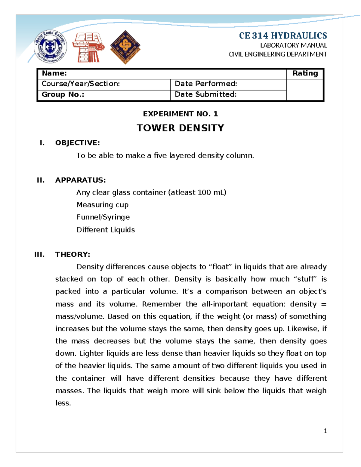 CE 314 Hydraulics Lab: Experiment 1 - Tower Density Procedure - Studocu