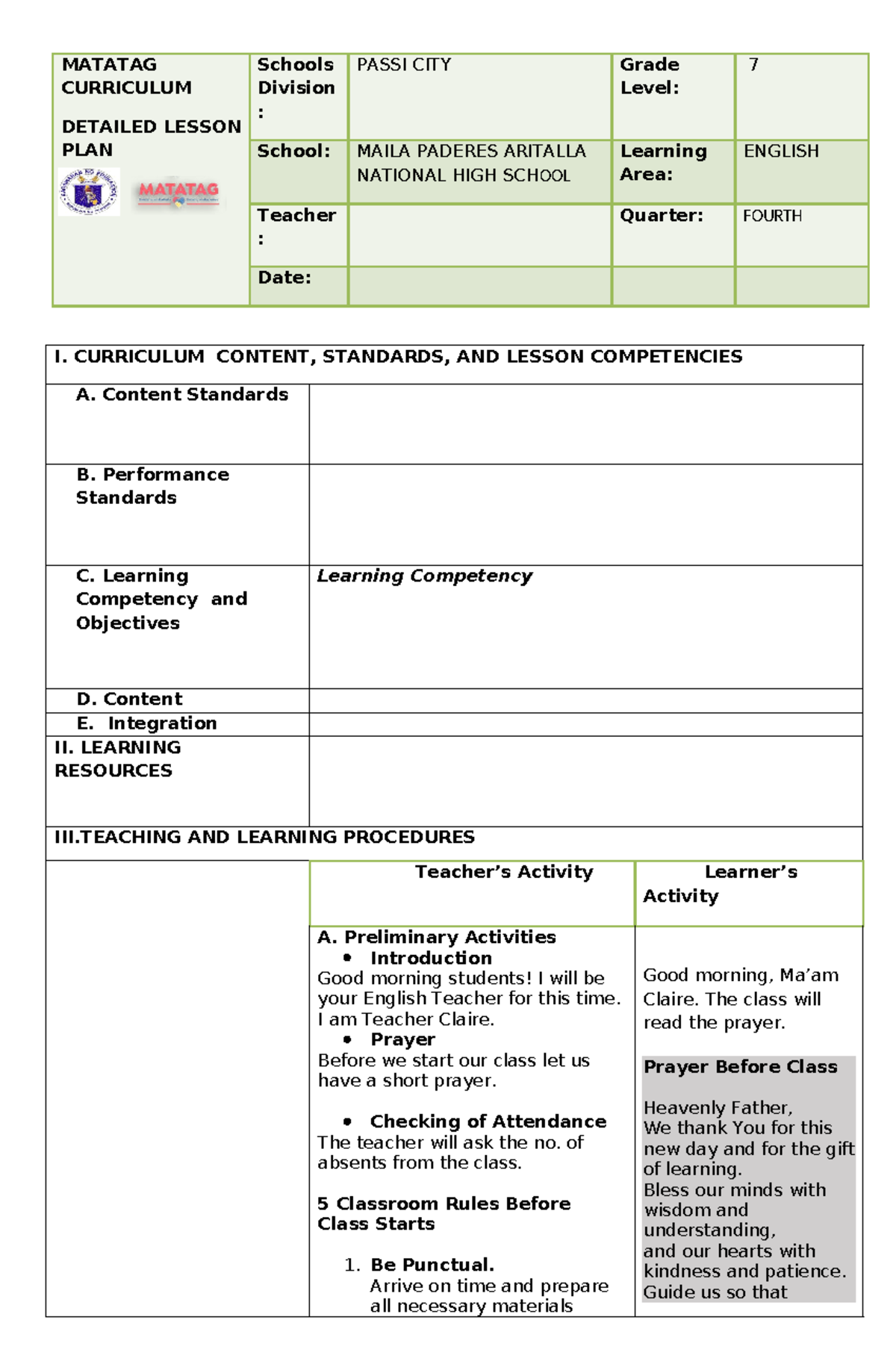 MATATAG CURRICULUM: Detailed Lesson Plan for Grade 7 English - Studocu