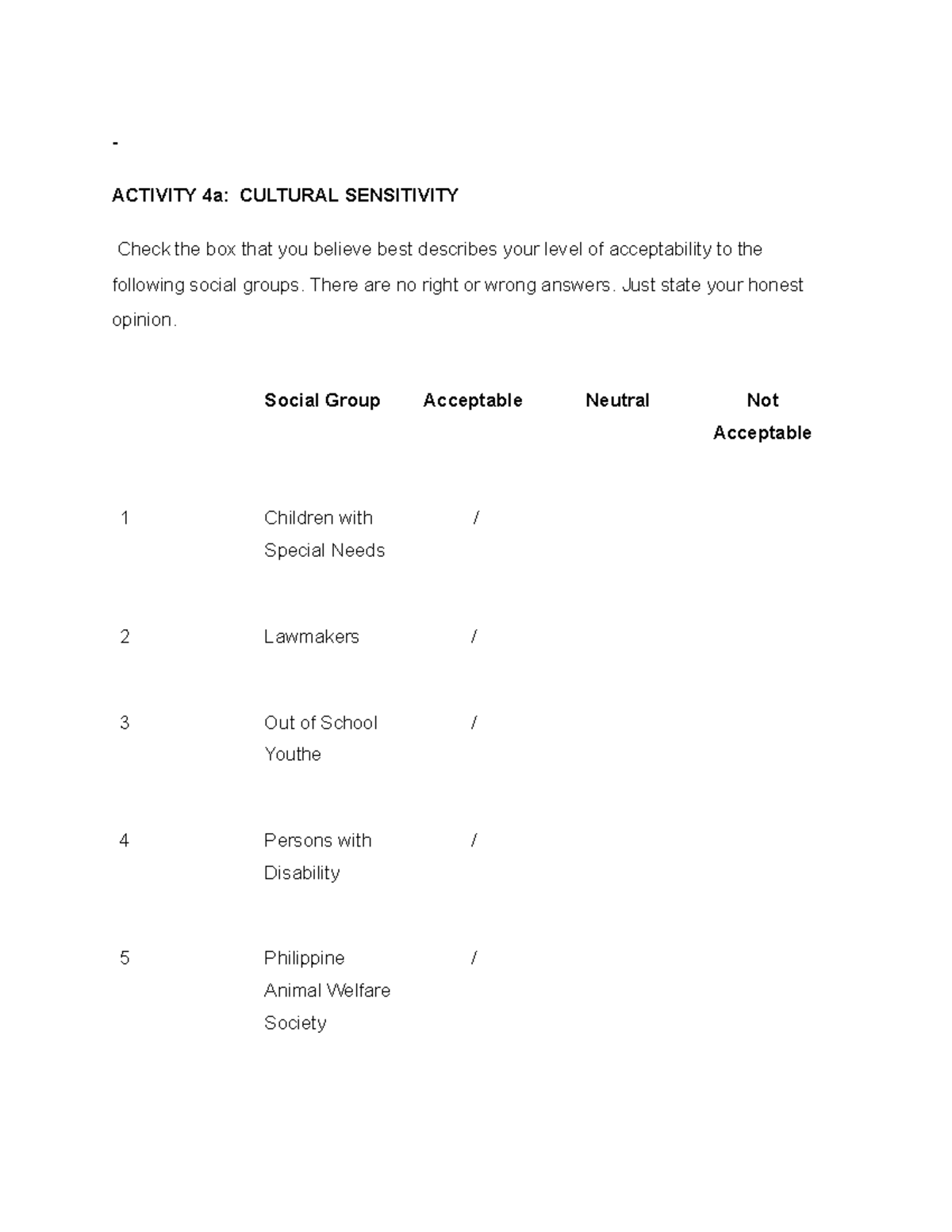 Cultural Sensitivity - ACTIVITY 4a: CULTURAL SENSITIVITY Check the box ...