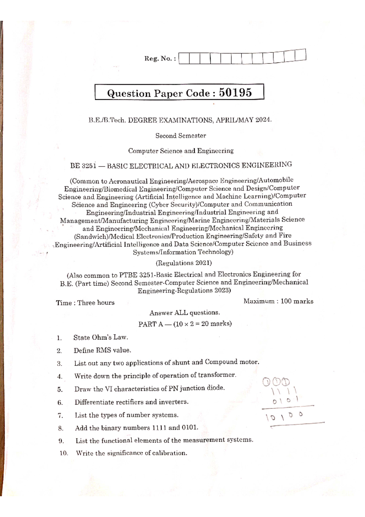 BEEE qp - THIS IS USEFULL FOR ANNA UNIVERSITY EXAMINATION - Reg. No ...