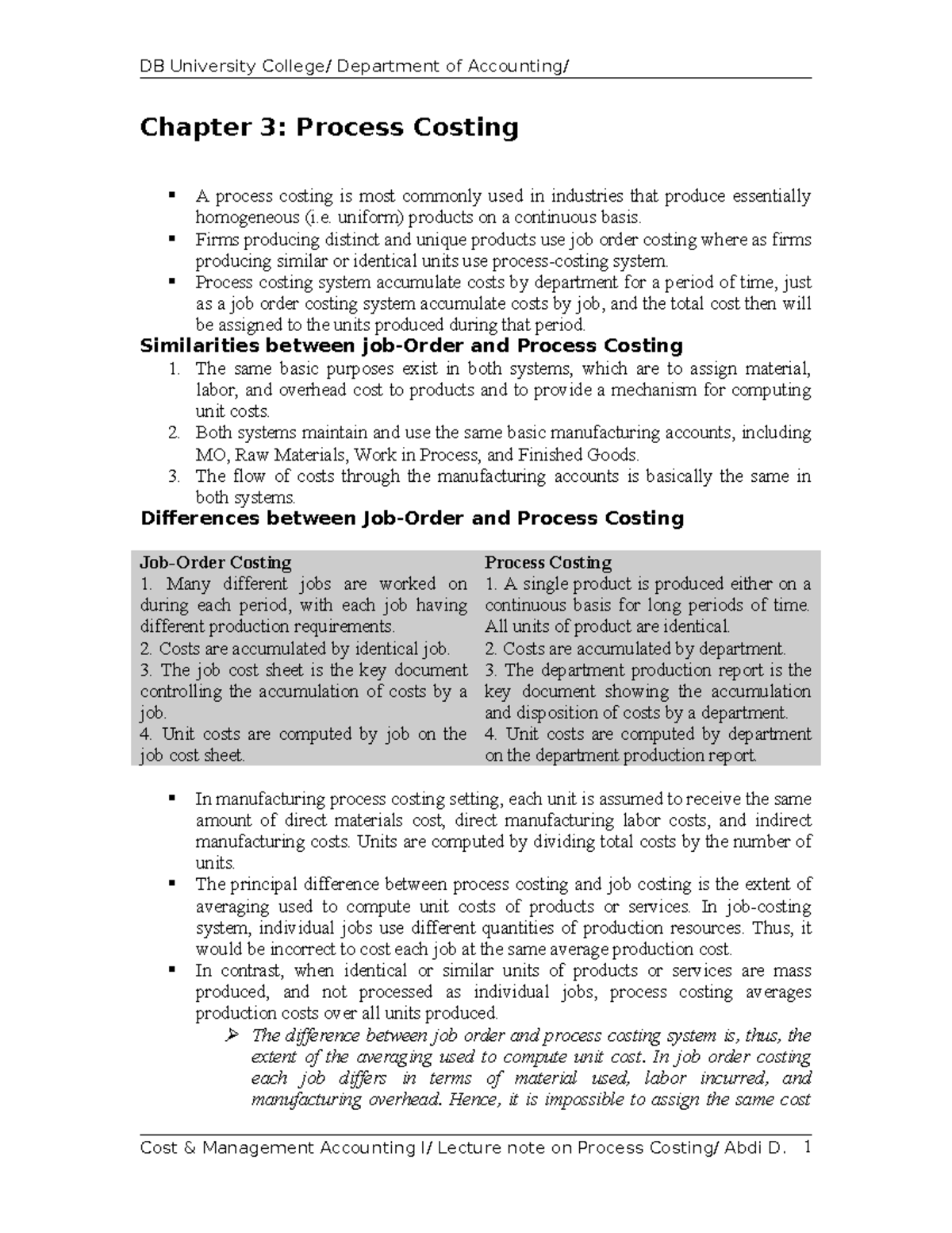 DB University Cost Management Accounting Lecture Notes: Chapter 3 ...