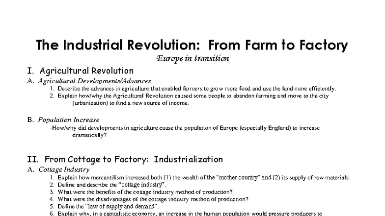 Industrial Revolution: Test Review Sheet for World History (WH101 ...