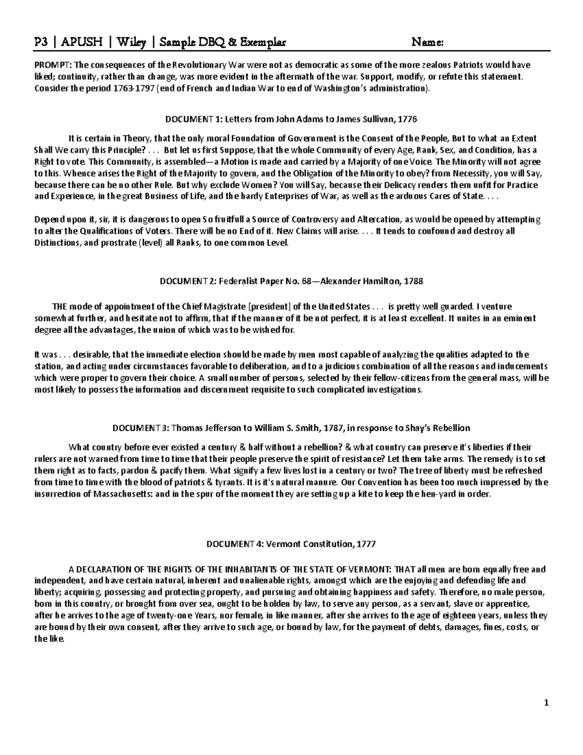 P3 APUSH DBQ: Analyzing Democratic Continuity Post-Revolution - Studocu
