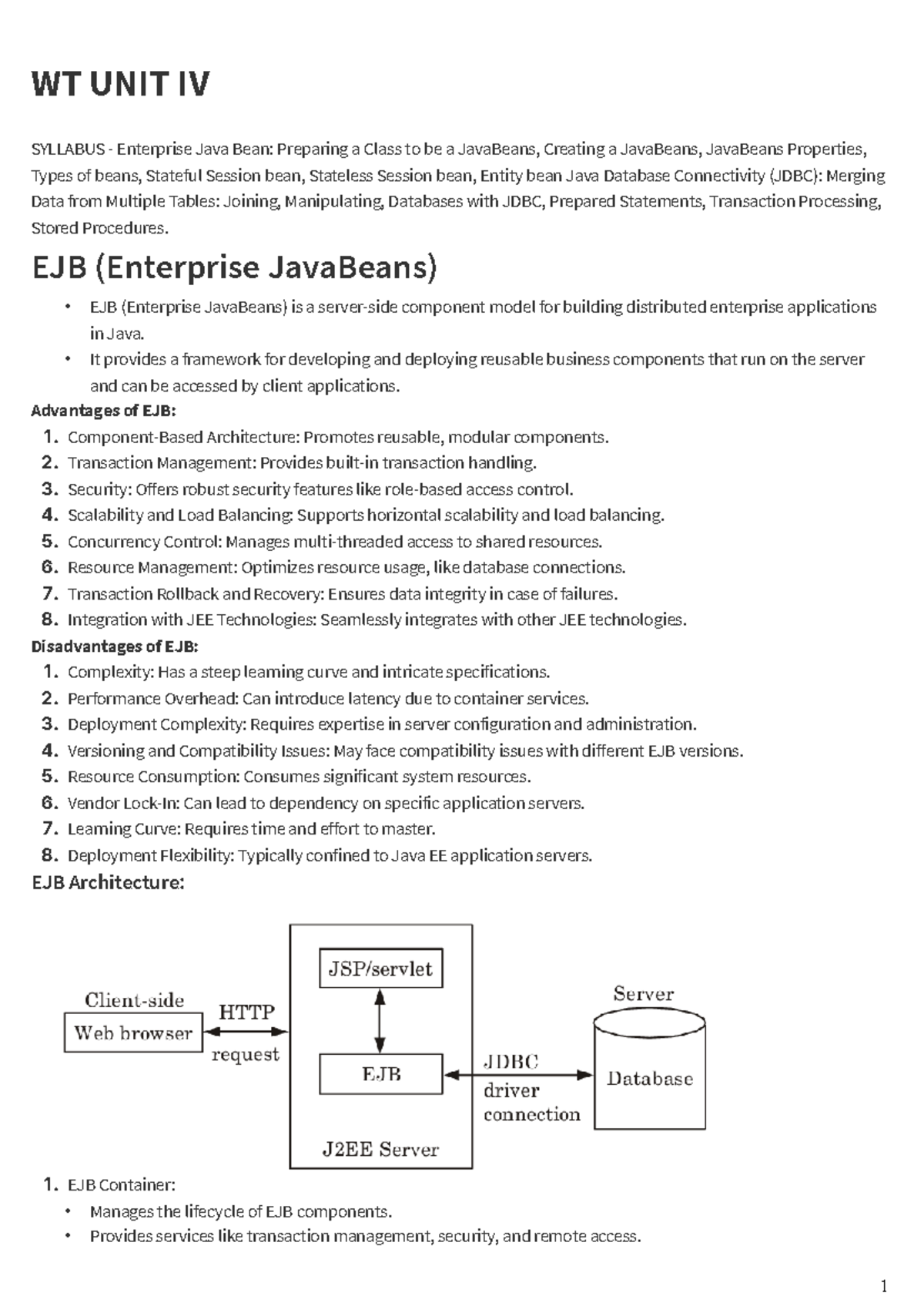 Web Technology WT UNIT IV: EJB, JDBC, and JavaBeans Overview - Studocu