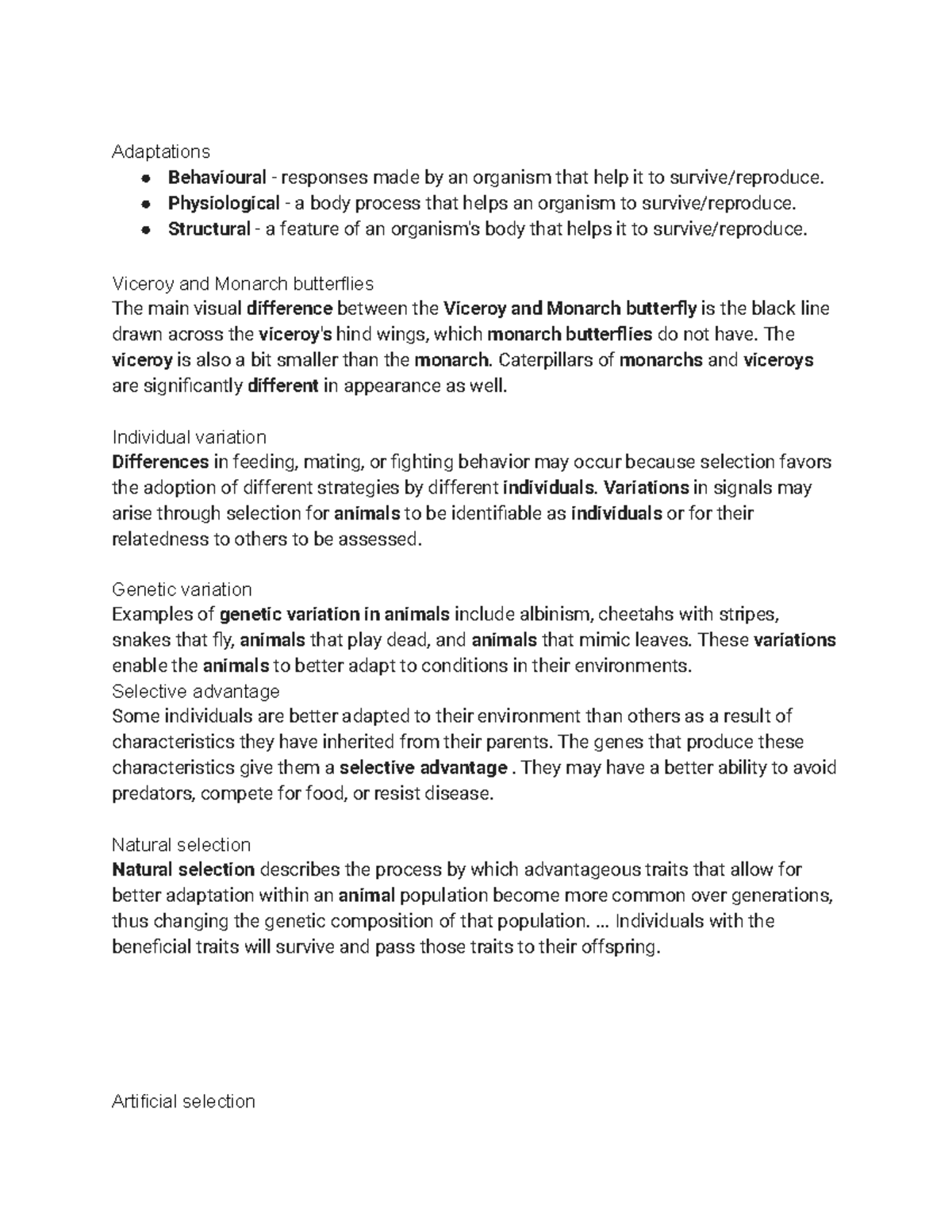 Quiz Outline: Adaptations in Organisms and Natural Selection - Studocu