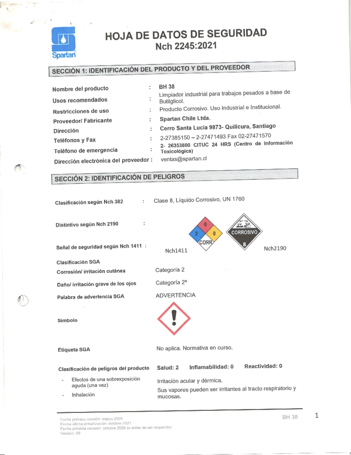 Hoja de Datos de Seguridad Nch 2245:2021 para BH 38 - Spartan - Studocu