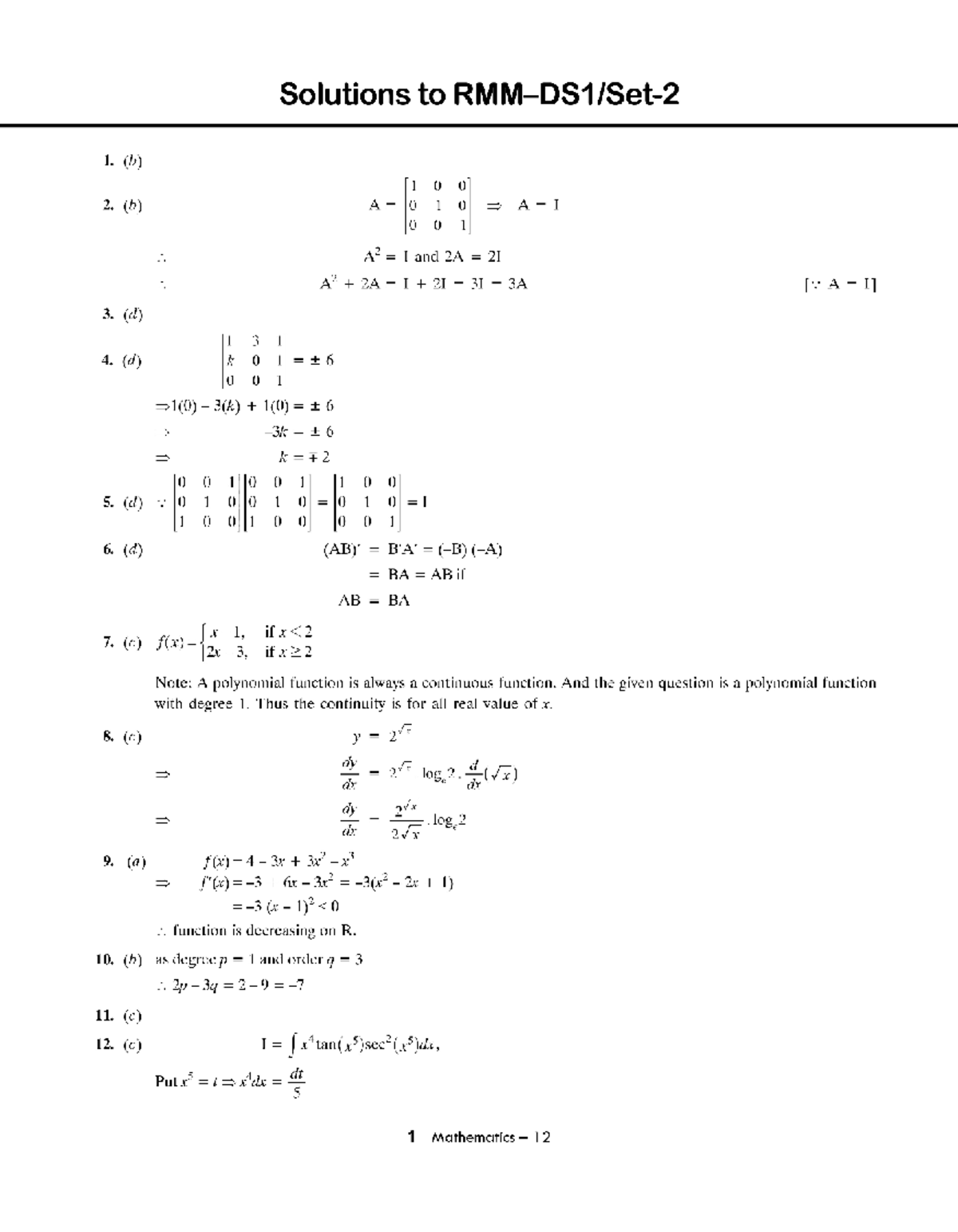 Mathematics 12 DS1 Set-2 Solutions: Detailed Explanations and Answers - Studocu