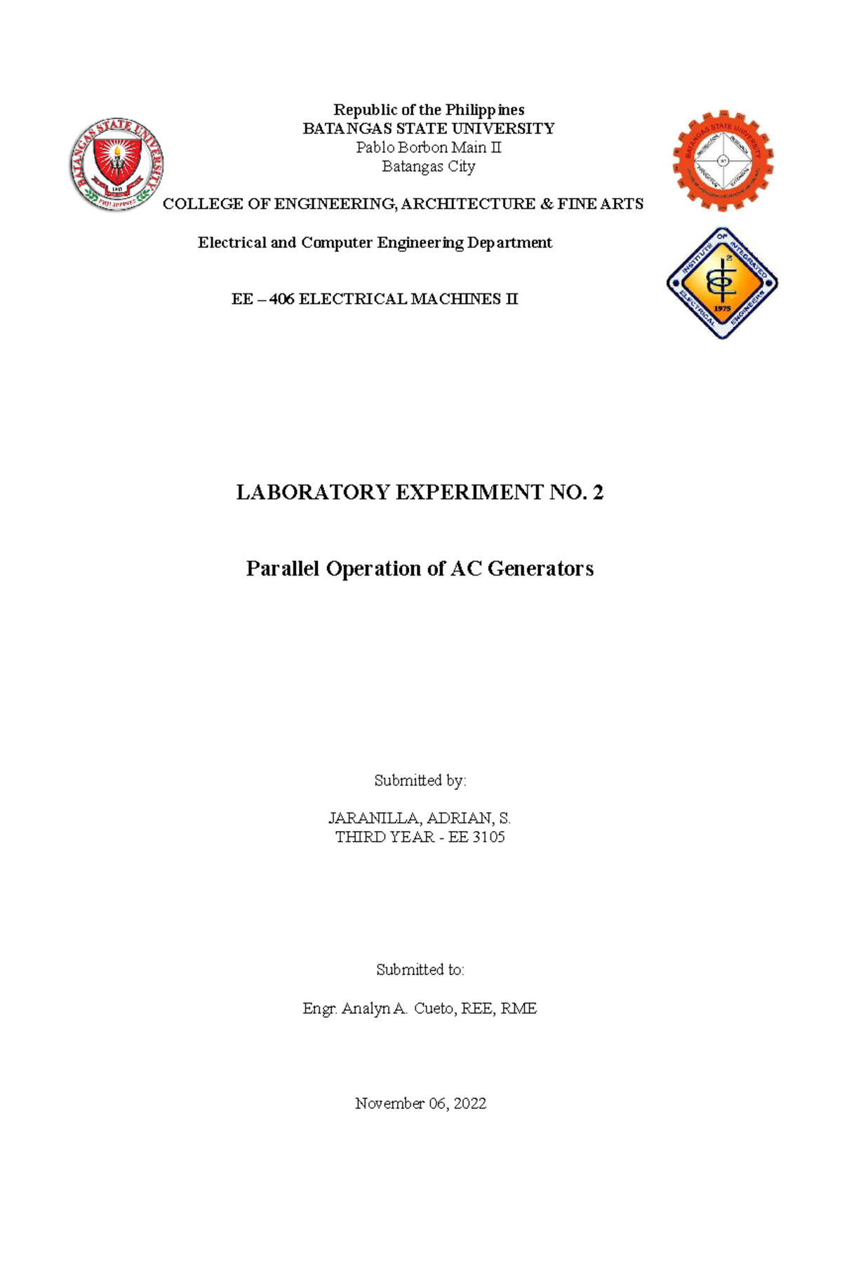 EE-406 Lab Exp #2: Parallel Operation of AC Generators - Studocu