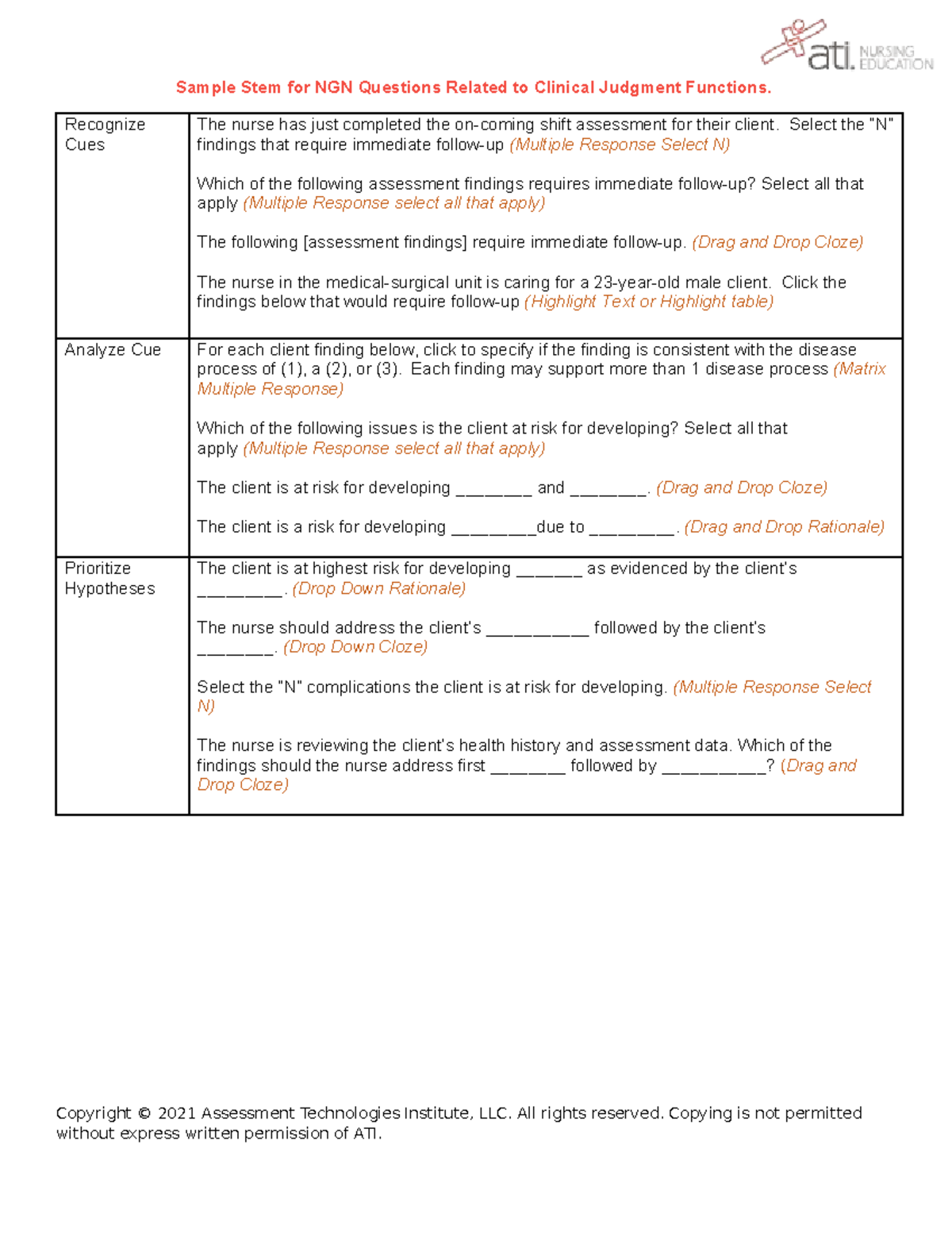 Sample NGN Questions for Clinical Judgment Functions (CJ) - Studocu