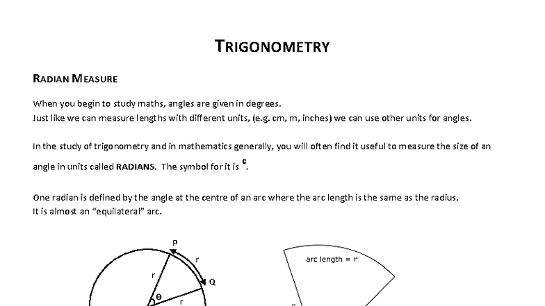 TRIGONOMETRY 101: Radian Measure & Arc Length Calculations - Studocu