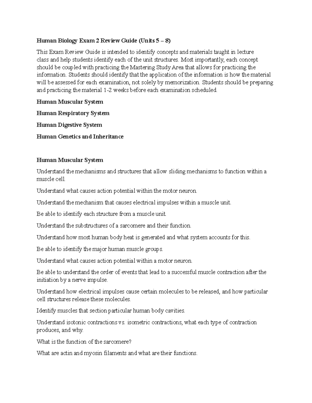 Human Biology Exam 2 Review Guide (Units 5-8) Insights - Studocu
