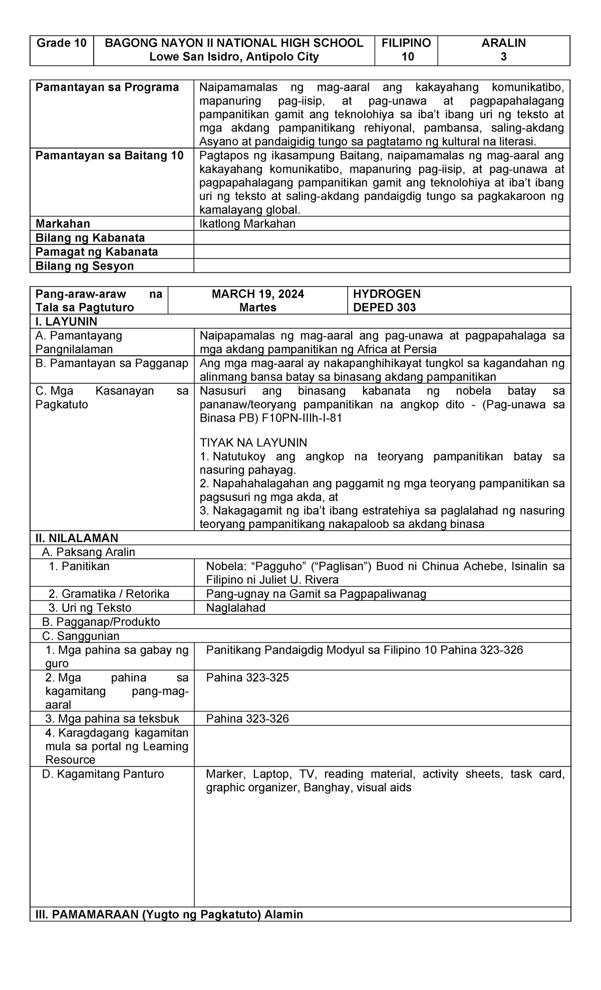Lesson-Plan-1 - None - Grade 10 BAGONG NAYON II NATIONAL HIGH SCHOOL ...