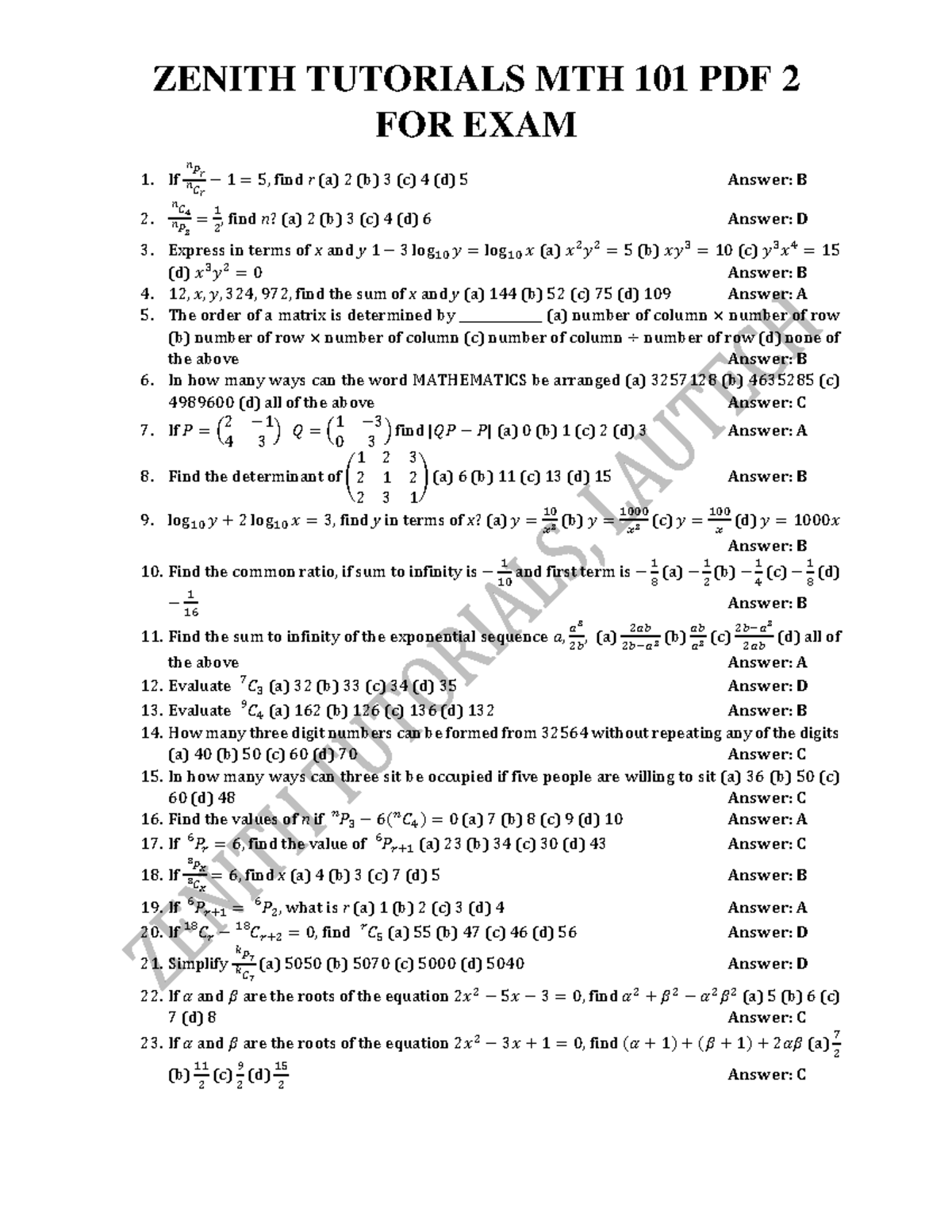 ZENITH TUTORIALS MTH 101 FINAL EXAM PDF 2 - Studocu