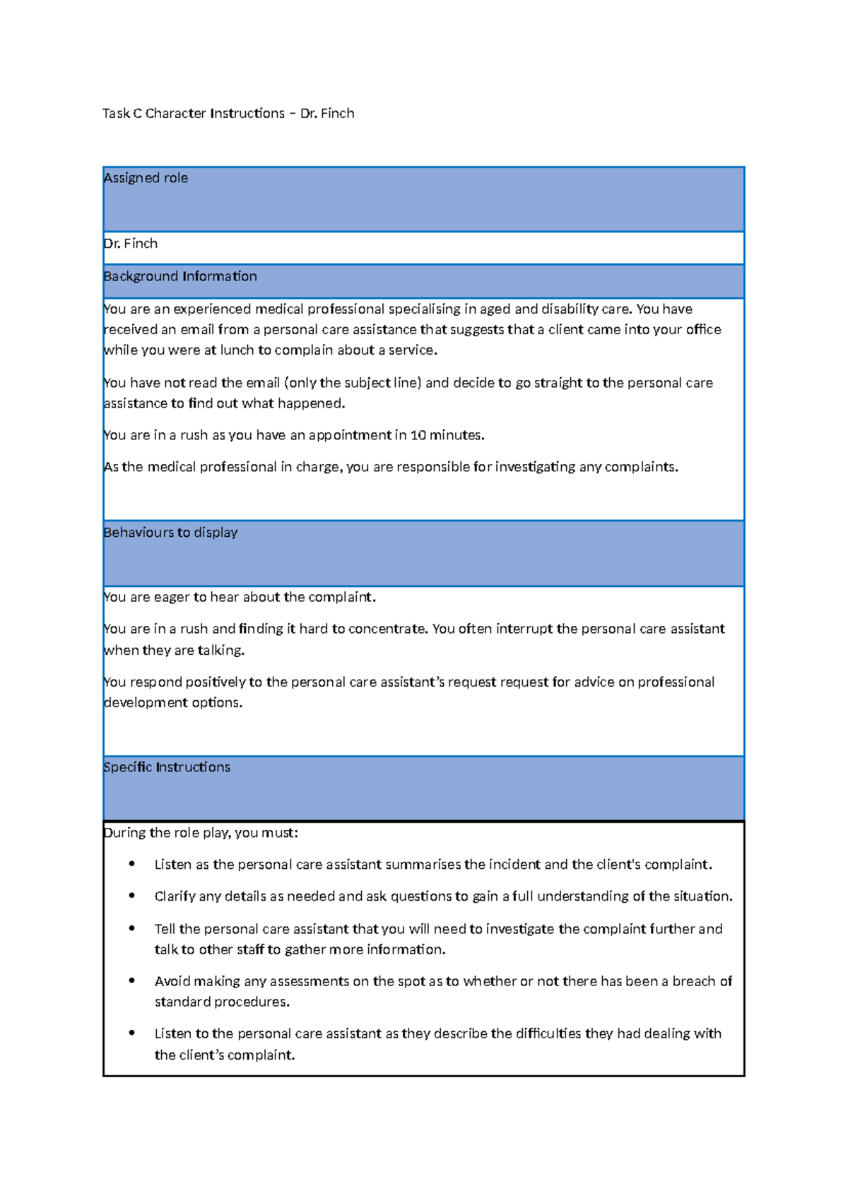 Task C Character Instructions: Dr. Finch's Role Play Scenario - Studocu