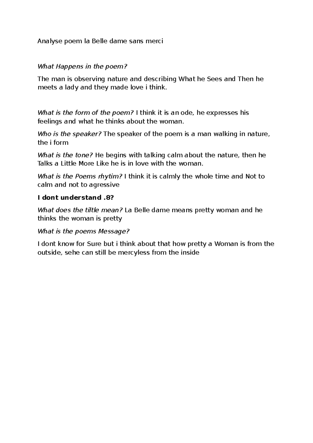 Analyse - La Belle Dame sans Merci: Poem Insights and Themes - Studeersnel